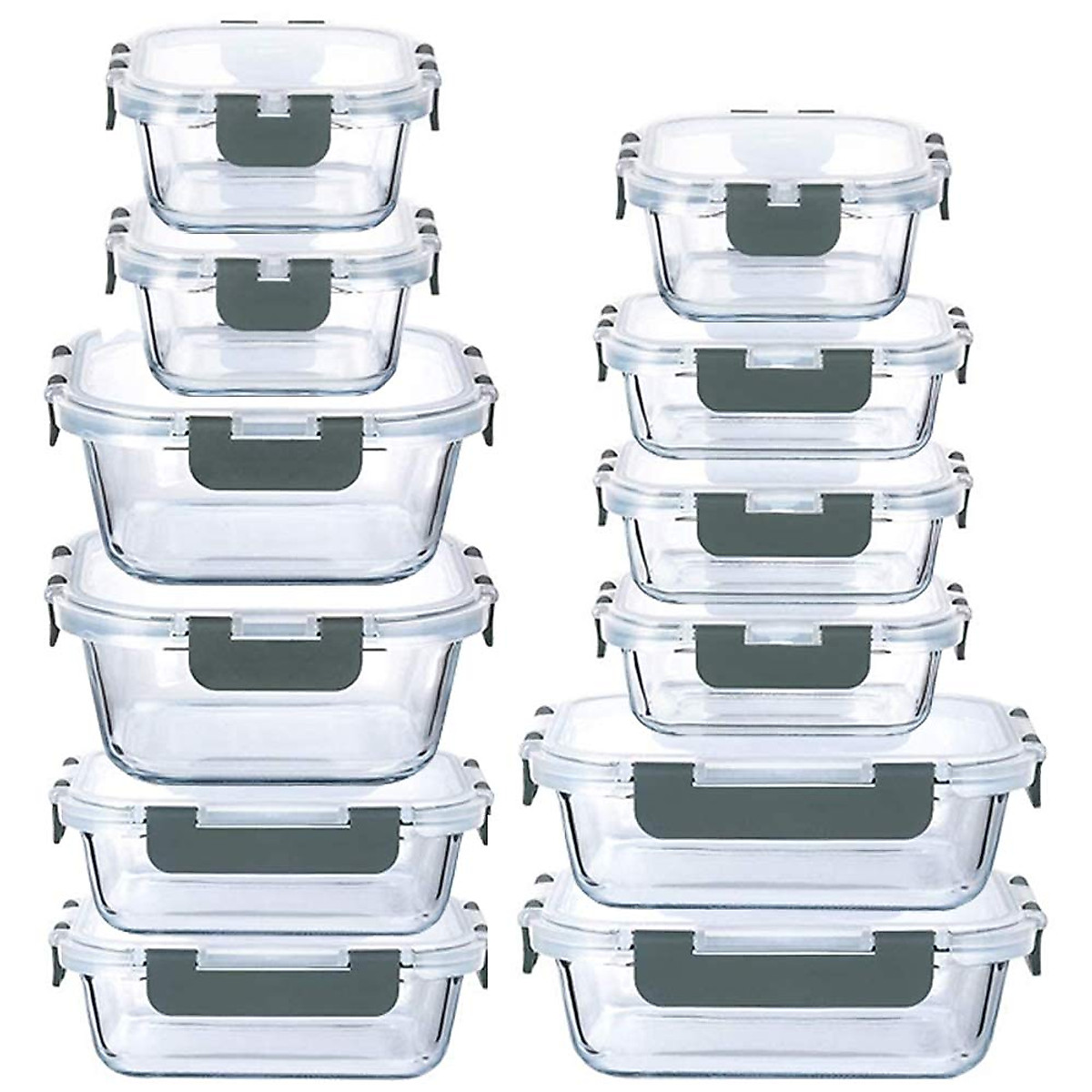 LYTIO Glass Food Containers Storage Organizers for Kitchen Pantry | BPA Free | Leak Proof | Odor Proof | Stain Resistant | 12 Sets | Freezer and Oven Safe(Gray)