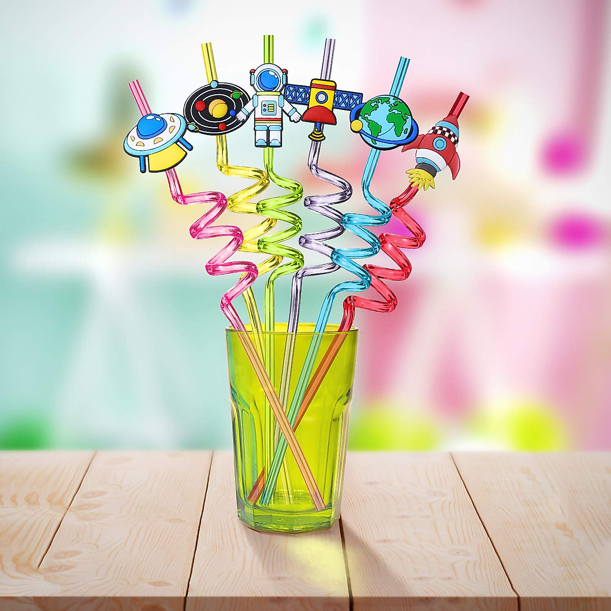 Outer Space Straws Party Favors for Theme Birthday Party Supplies with 2 Cleaning Brush | Solar System Rocket Spaceship Astronaut Satellite Planet Attachments (24+2)