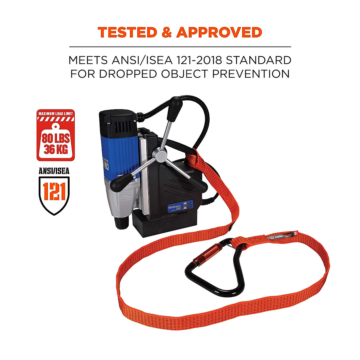 Ergodyne Squids 3148 Heavy Duty Tool Lanyard, Carabiner and Loop End, Tool Weight Capacity 80lbs, Orange