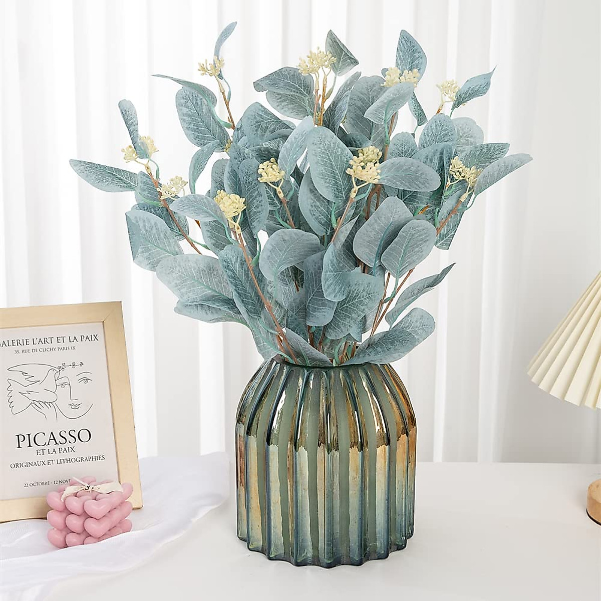 RUJIU 6 Pieces/lot Artificial Plants Fake Eucalyptus Leaves of Bouquet for Bride Home Table Garden Decoration (Light Blue)