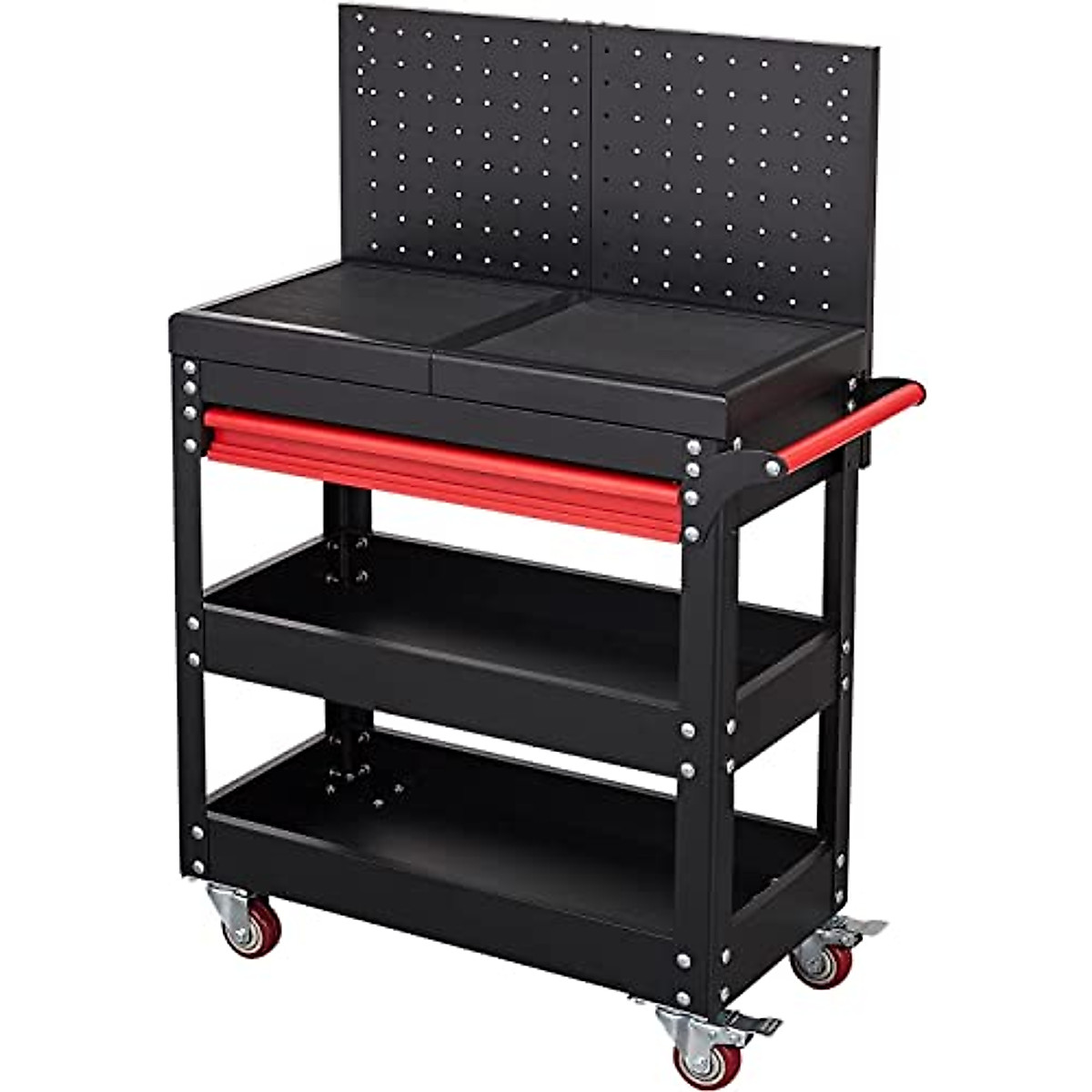 WIILAYOK Tool Cart, 3 Tier Rolling Tool Cart on Wheels with Storage Drawers & Sliding Top, Removable Pegboard, Industrial Service Utility Tool Cart for Mechanics, Garage, Workshop