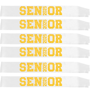 6Pcs White Senior 2025 Satin Sashes with Gold Glitter Letters Senior 2025 Decorations - 2025 Graduation Celebrations Sashes - Senior Cheer Sash - Cheerleader Sash - Class Competition Sashes