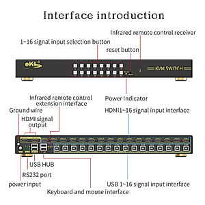 eKL KVM Switch, 16 Port v2.0 HDMI KVM Switch Supports Hotkeys Swapping 4K@60Hz 4:4:4 1080p 3D, 16 in 1/2 Out 16 PCs Sharing with One Set of Keyboard and Mouse
