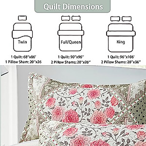 zhuzai 3 Piece Patchwork Quilt Set Full/Queen Size, Green Plaid Floral Bedspread Lightweight Reversible Microfiber Bedding with 2 Shams Shabby Chic Rose Comforter for All Season, 90''x96''