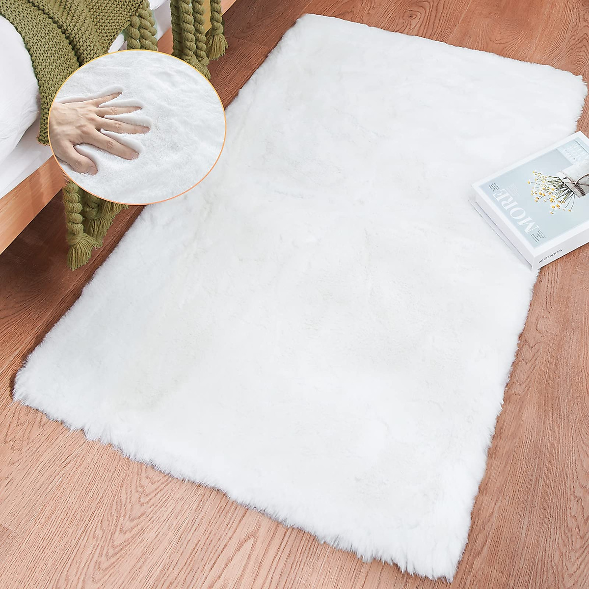 ORINOVA White Faux Bunny Fluffy Fur Rug Washable Area Rugs for Living Room Nursery Rugs for Bedroom 2x3 Rectange Rug Cute Home Décor