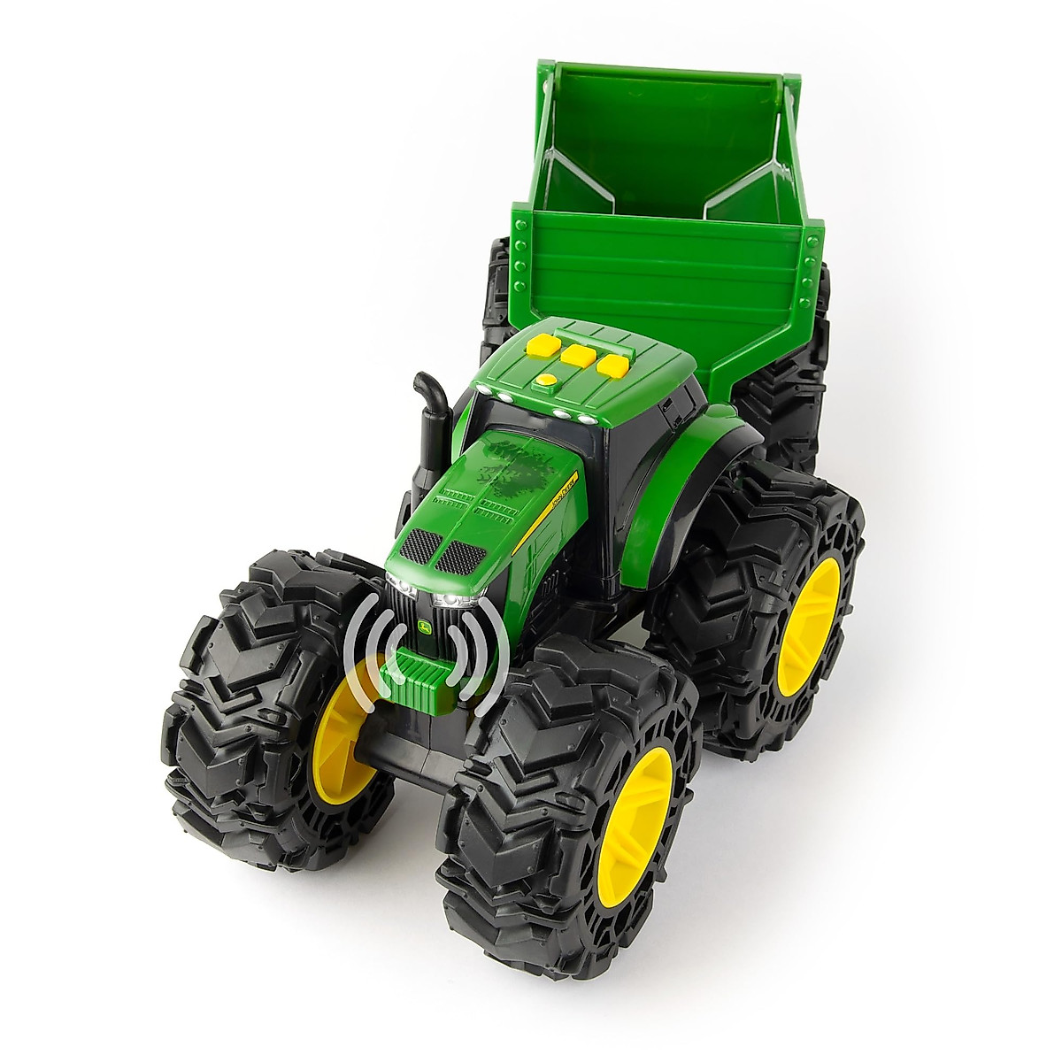 John Deere Monster Treads Tractor Toy with Wagon Toys with Lights and Sounds - Monster Truck Tires - Toddler Toys Ages 3 Years and Up,Red,Green