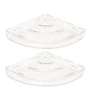 2 Pcs Adhesive Acrylic Corner Shower Caddy Shelf with Hooks Hollow Wall Mounted No Drilling Clear Corner Shelf for Shower Kitchen Organizer