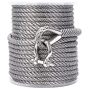MARINE SYSTEM Made 3/8 Inch 100FT 150FT Premium Solid Braid MFP Grey Anchor Line Braided Anchor Rope/Line with Stainless Steel Thimble and Shackle (3/8" x 100' Grey)