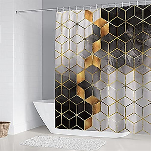 LQCOOL 4Pcs Black Gradient Shower Curtain Set,Black Marbling Shower Curtain Set Golden Cubic Lines Bathroom Set Texture Modern Art Bath Accessories with Mats