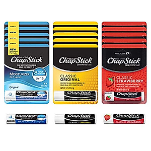 Chapstick Variety Pack Classic Original, SPF 15, & Strawberry Lip Balm Sticks Bulk, 0.15 Oz (15 Count) - Chap Stick Skin Protectant Moisturizer Tubes, Stocking Stuffers - By Dr. Plenty