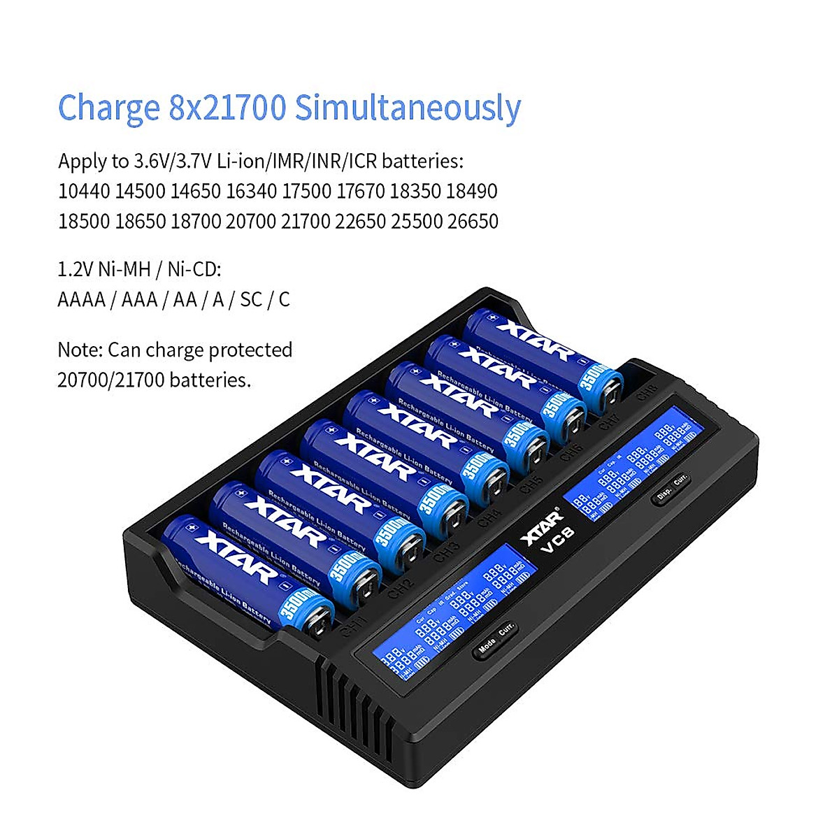 8 Slots 18650 Battery Charger XTAR VC8 Charger USB C 3A Fast Charger 21700 Battery Charger with LCD Display for 3.6V 3.7V Li-ion 10440 18700 26650 1.2V Ni-MH AA AAA C Full Set with QC3.0 Wall Charger