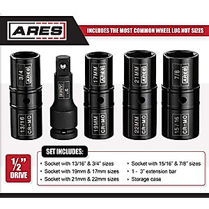 ARES 59010-5-Piece 1/2-inch Drive Lug Nut Flip Socket Set - Includes 17mm, 19mm, 21mm, 22mm Metric Sizes & 3/4-Inch, 13/16-Inch, 7/8-Inch, 15/16-Inch SAE Sizes - Impact Grade Chrome-Moly Steel