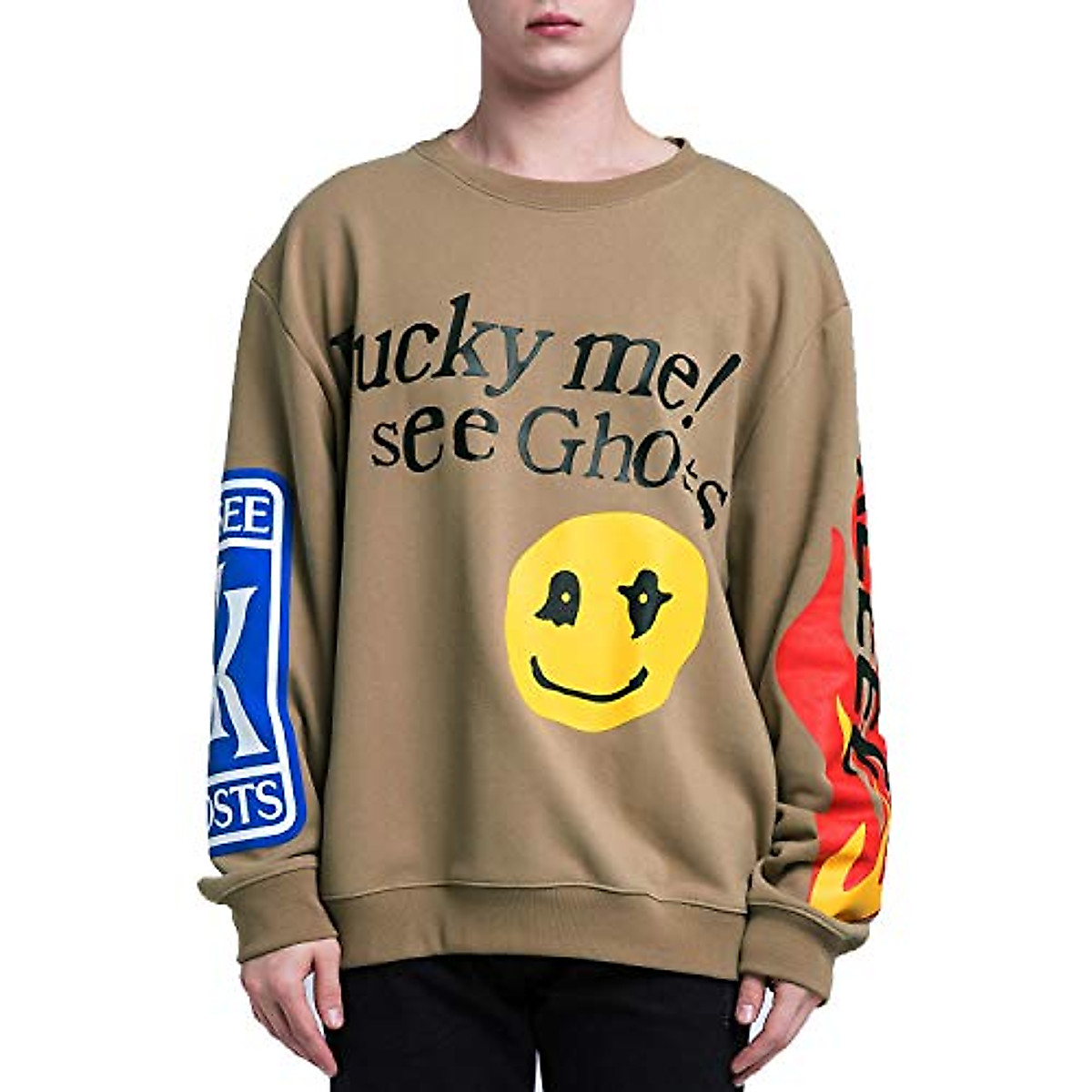Cactus Pack Men's Graphic Hoodies Lucky Me I See Ghosts Pullover Hoodies Hip Hop Sweatshirt Khaki
