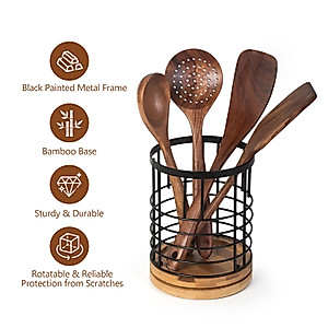 JSVER Utensil Holder Kitchen Utensil Holder, Round Utensil Holder for Kitchen Counter, Cooking Utensil Holder With Wooden Base Matte Black, 360° Rotating Kitchen Utensils Holder