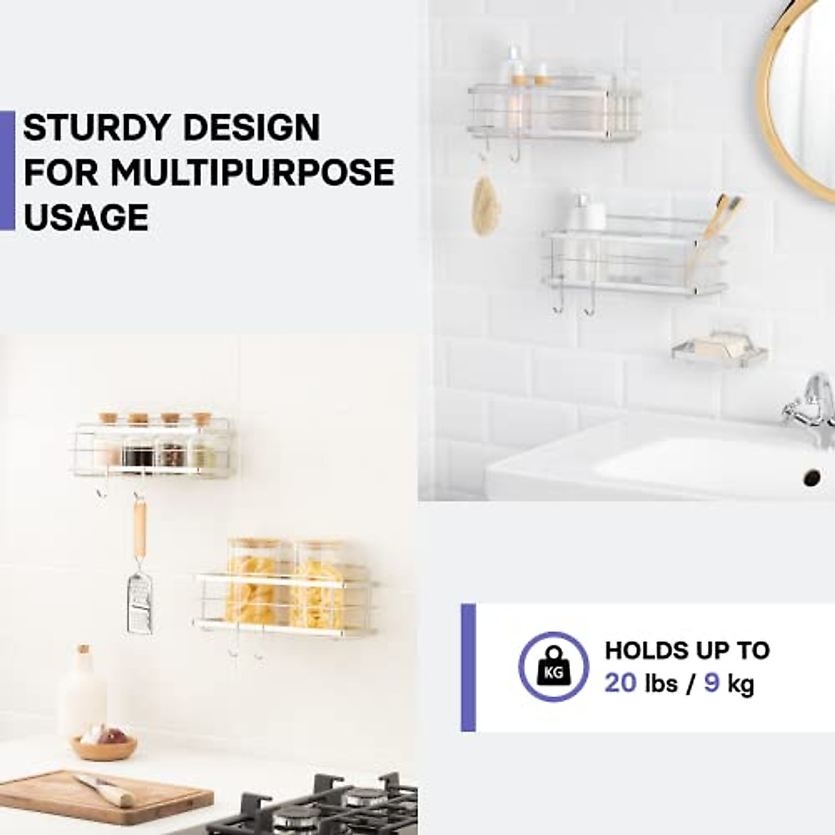 KINCMAX Shower Caddy and Soap Holder, Rustproof SUS304 Stainless Steel, Adhesive Wall Mount Double Baskets 2-pack with Hooks (Polished Silver)