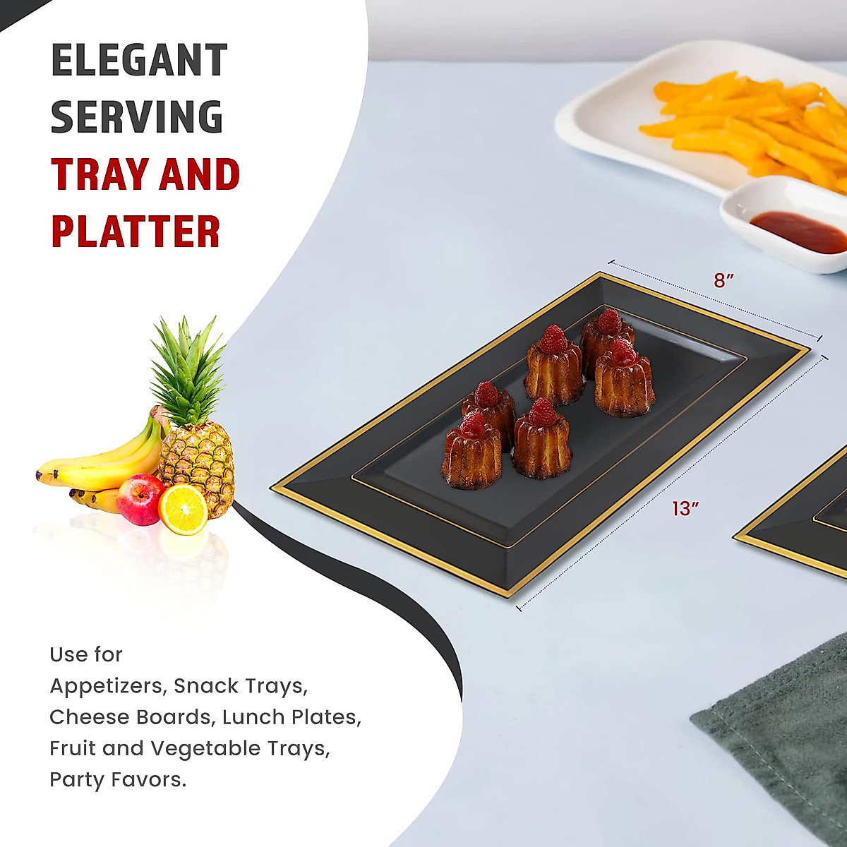 Hard Plastic Serving Tray Set, Black & Gold Rim Disposable Serving Trays & Platters for Food, Large Plastic Trays for Parties, Weddings, Food Trays for Cookies, Dessert, 8" x 13", 4 Pack