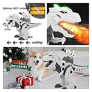 FIRE BULL Robot Dinosaur DIY Gifts for Kids, Fire Breathing Red Lights Walking Electric Toy with Projection, Water Mist Spray, Realistic Sounds Roar, Assembly Interaction for Boys Girls Kids
