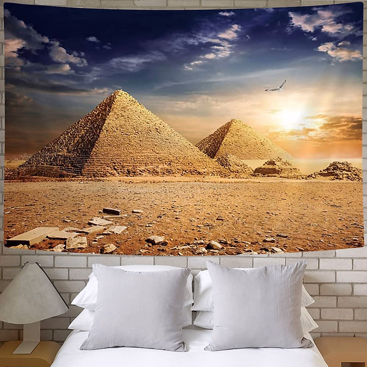 JAWO Egypt Travel Tapestry Wall Hanging, Egyptian Pyramids History in Desert and Flying Eagle Bird Nature Sunshine, Home Decor Tapestries Wall Blanket for Living Room Bedroom Dorm 80 X 60 Inches