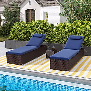 Tangkula Patio Chaise Lounge Set of 2, Outdoor Rattan Lounge Chair with 6-Level Backrest, Comfy Seat Cushion & Headrest, Sturdy Metal Frame, Outside Reclining Chair for Backyard (2, Navy)