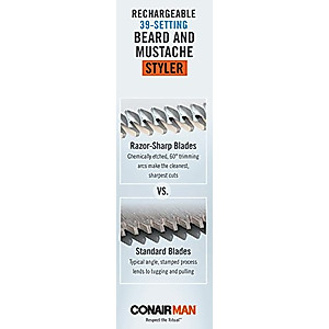 ConairMAN Cordless Beard & Mustache Trimmer for Men, 39 Total Settings with Hair Collector