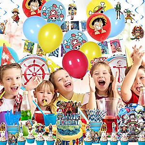 224Pcs Anmie Birthday Party Supplies, Anmie Birthday Party Decorations for 10 Guests, Include Banner, Cake & Cupcake Topper, Swirls, Backdrop, Tablewares, Balloons and Stickers for Kids Party Favors