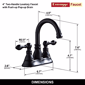 Derengge Two Handle Bathroom Sink Faucet Matte Black 3 Hole Bathroom Faucet with Overflow Pop up Drain, 360° Swivel Spout Sink Faucet 4 Inch Centerset Lavatory Faucet,F-4501-MT