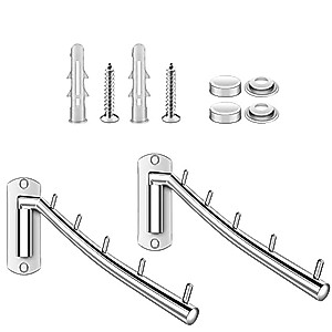 Folding Wall Mounted Clothes Rack, 304 Stainless Steel Swing Arm Hook Holder Clothes Hanger 2 Pack, Space Saver Clothing and Closet Rod with 6 Hooks for Bedroom, Laundry Room and Bathroom