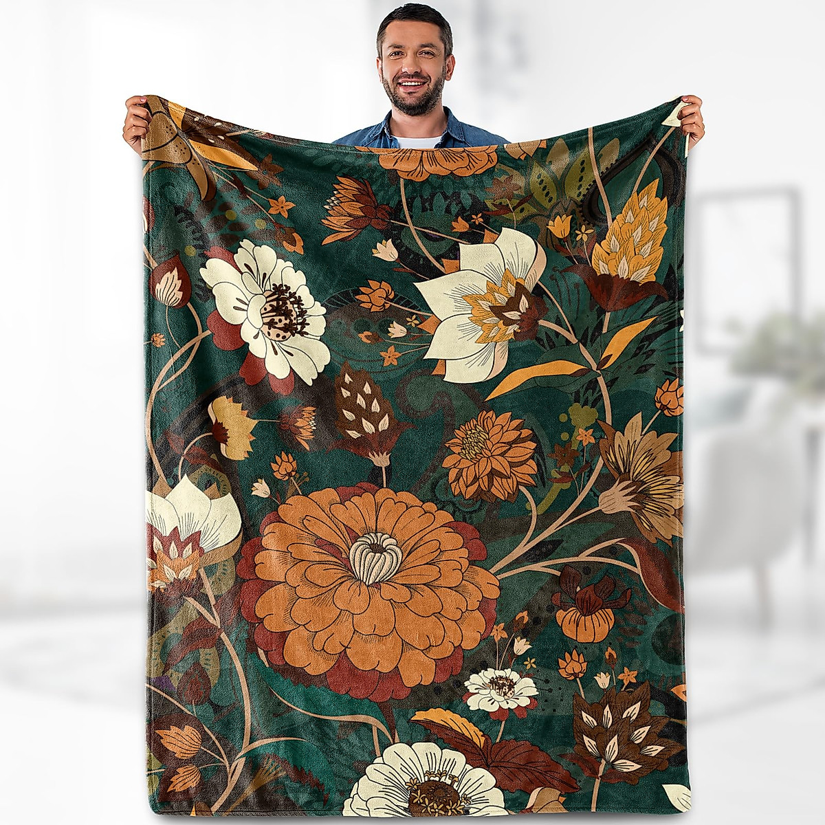 Boho Floral Blanket Gifts for Women - Bohemian Tropical Rustic Retro Flower Throw for Girls Adults Soft Fuzzy Fleece Cozy Plush Bed Couch Decor Birthday Christmas Lightweight Blanket 50"x60"