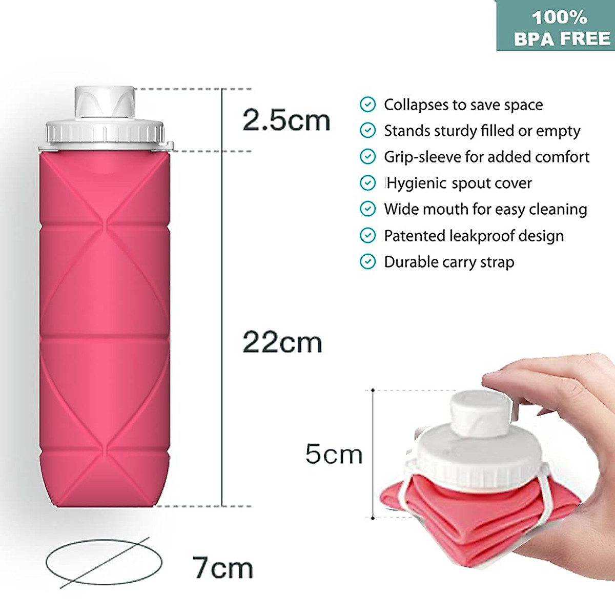 SPECIAL MADE Collapsible Water Bottles Cups Leakproof Valve Reusable BPA Free Silicone Foldable Travel Water Bottle Cup for Gym Camping Hiking Travel Sports Lightweight Durable (pink)