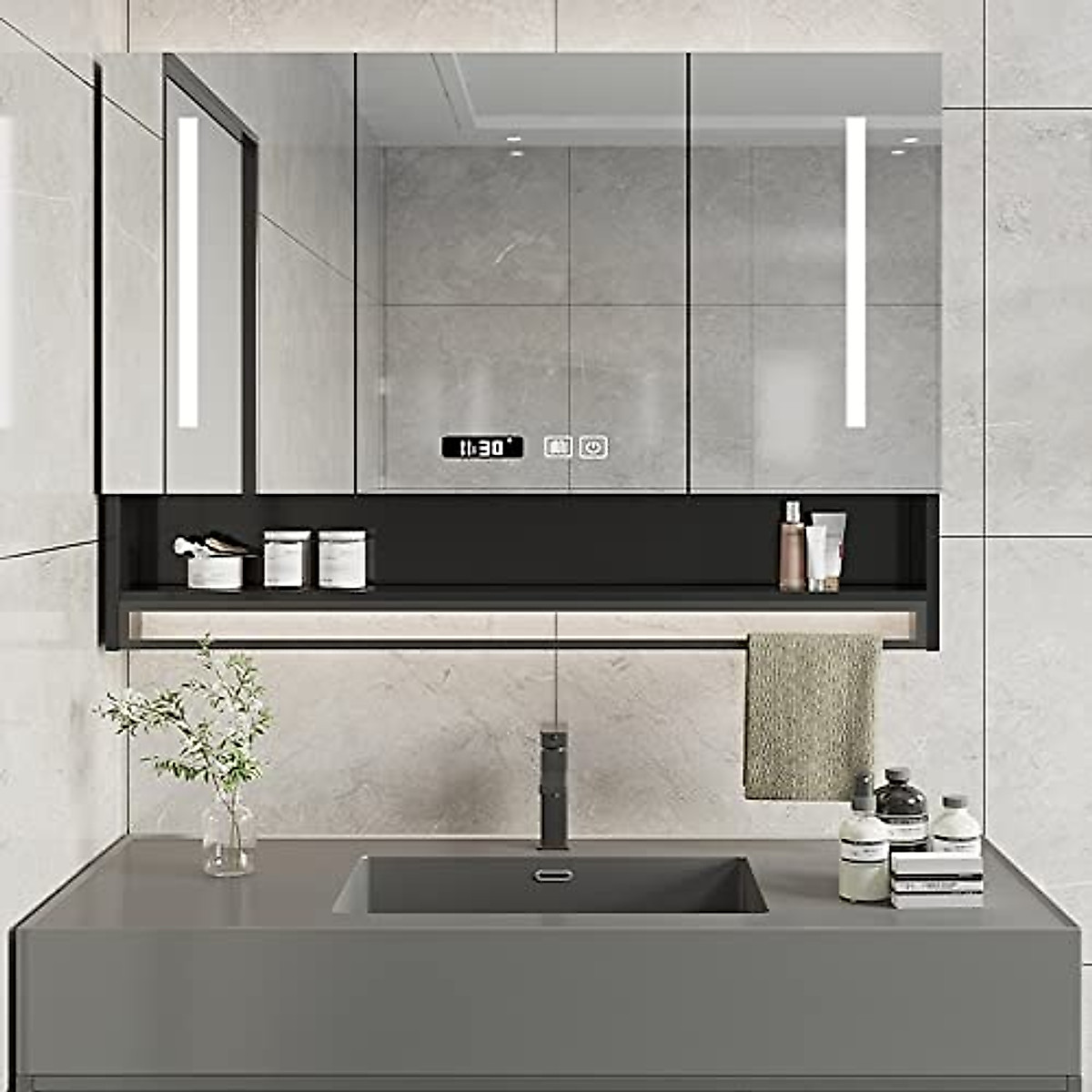 ZJIEX Medicine Cabinet, LED Bathroom Mirror Cabinet, Anti-Fog 32x28in Wall Mirror with Mirror Doors & Towel Bar, Multipurpose Storage Organizer (Color : Black, Size : 40x28in/100x70cm)