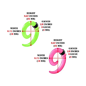 BIG GAUGES 2 Pairs Green Pink Acrylic 8g Gauge 3mm Spiral Taper Expander Piercing Jewelry Ear Stretching Earring O-rings Plug BG12292