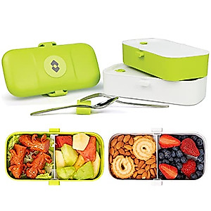 SARZ Bento Lunch Box for Kids - with 2 Containers and 4 Compartments, Modern Stackable Cute Bento Lunch Box with Cutlery Set, Two Adjustable Dividers, Microwave and Dishwasher Safe (Green)