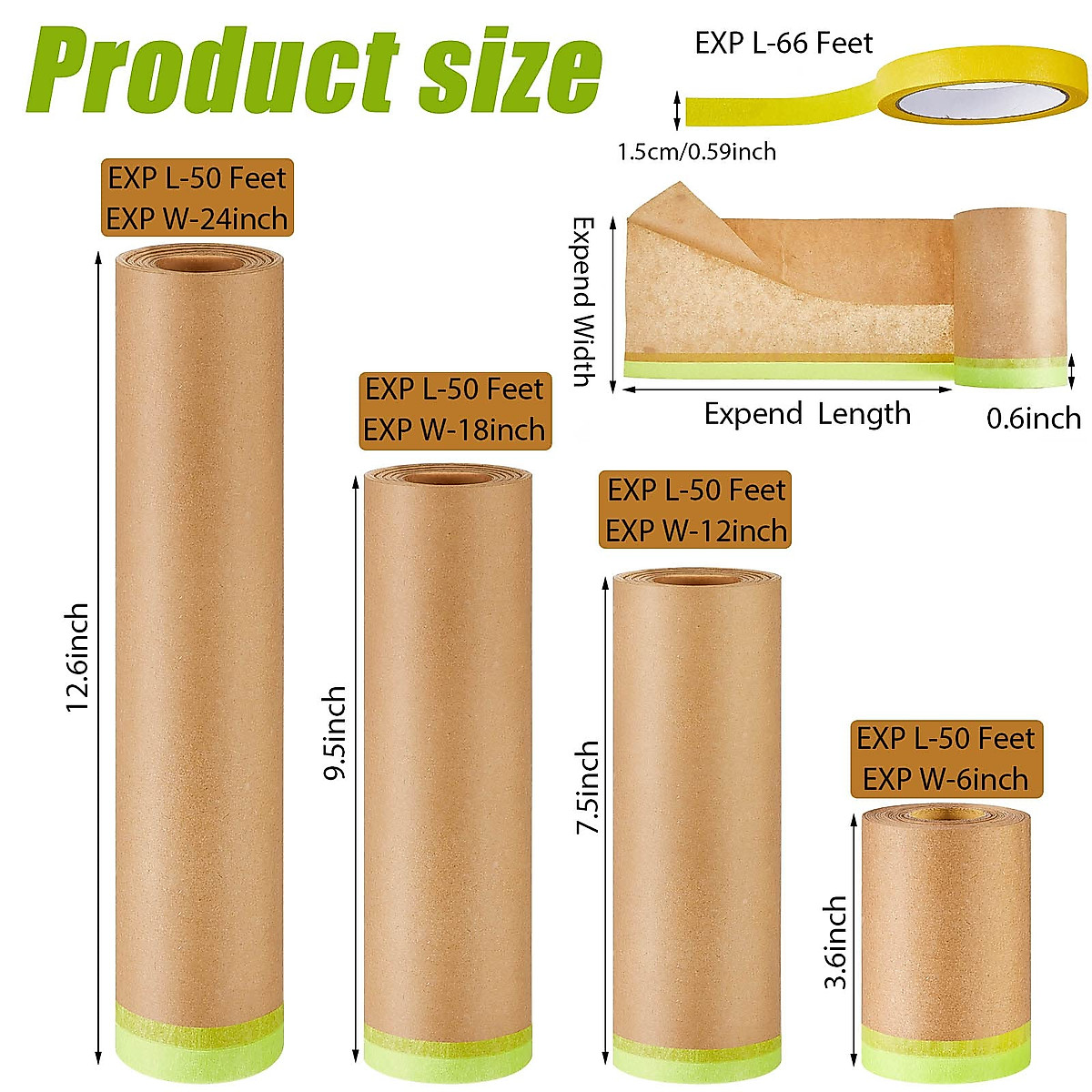 Leinuosen 8 Rolls Masking Tape Sets Includes 6 Assorted Sizes Paint Masking Paper and 2 Vehicles Auto Body Paint Tape Yellow Adhesive Painter Tape Automotive Tape for Car, Furniture, Floor