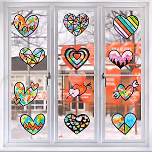 Haooryx Valentine’s Paper Craft Kits - 12-Piece Valentine’s Day Kids' Heart-Shaped Paper Suncatcher Kit DIY Craft Kids Stained Glass Effect Decorations Classroom Handcraft Art Supplies Party Favors