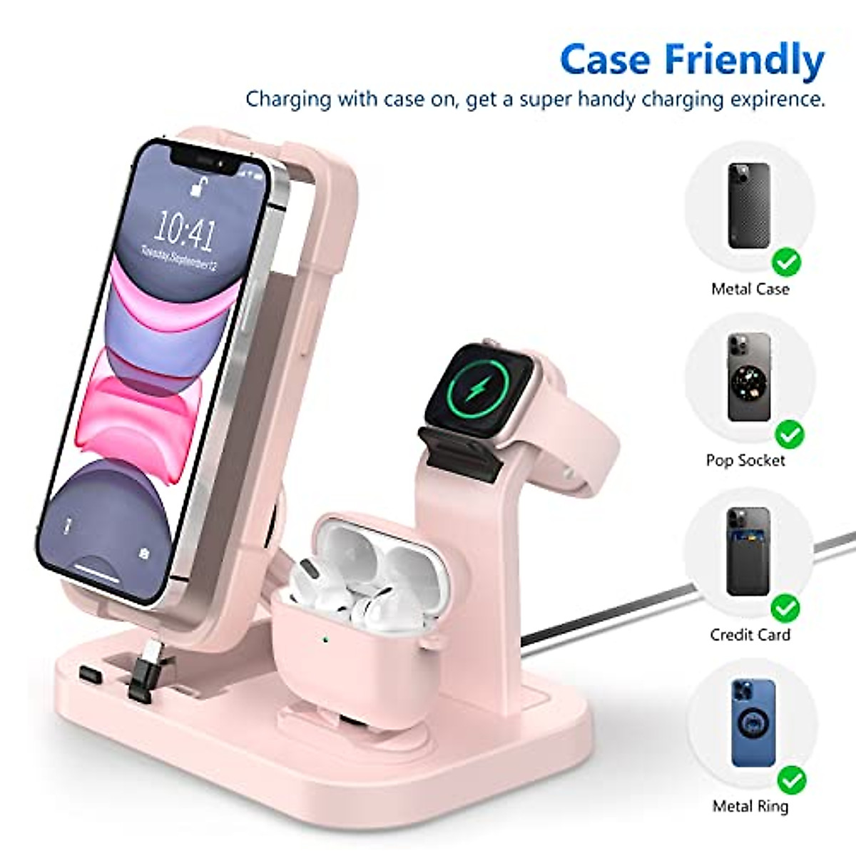 OLEBR Charging Station for Apple Multiple Devices, 3 in 1 Fast Charger Station Dock for iPhone Series 14/13/12/11/X/8 Plus, Charger Stand for iWatch Ultra 8 7 6 SE 5 4 3 2 1 with Adapter(Pink)