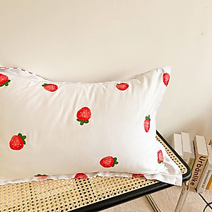 BlueBlue Strawberry Kids Duvet Cover Set Queen 100% Cotton Bedding for Boys Girls Teens Cartoon Red Strawberry Pattern 1 Fruit Full Comforter Cover 2 Pillow Shams (Queen)