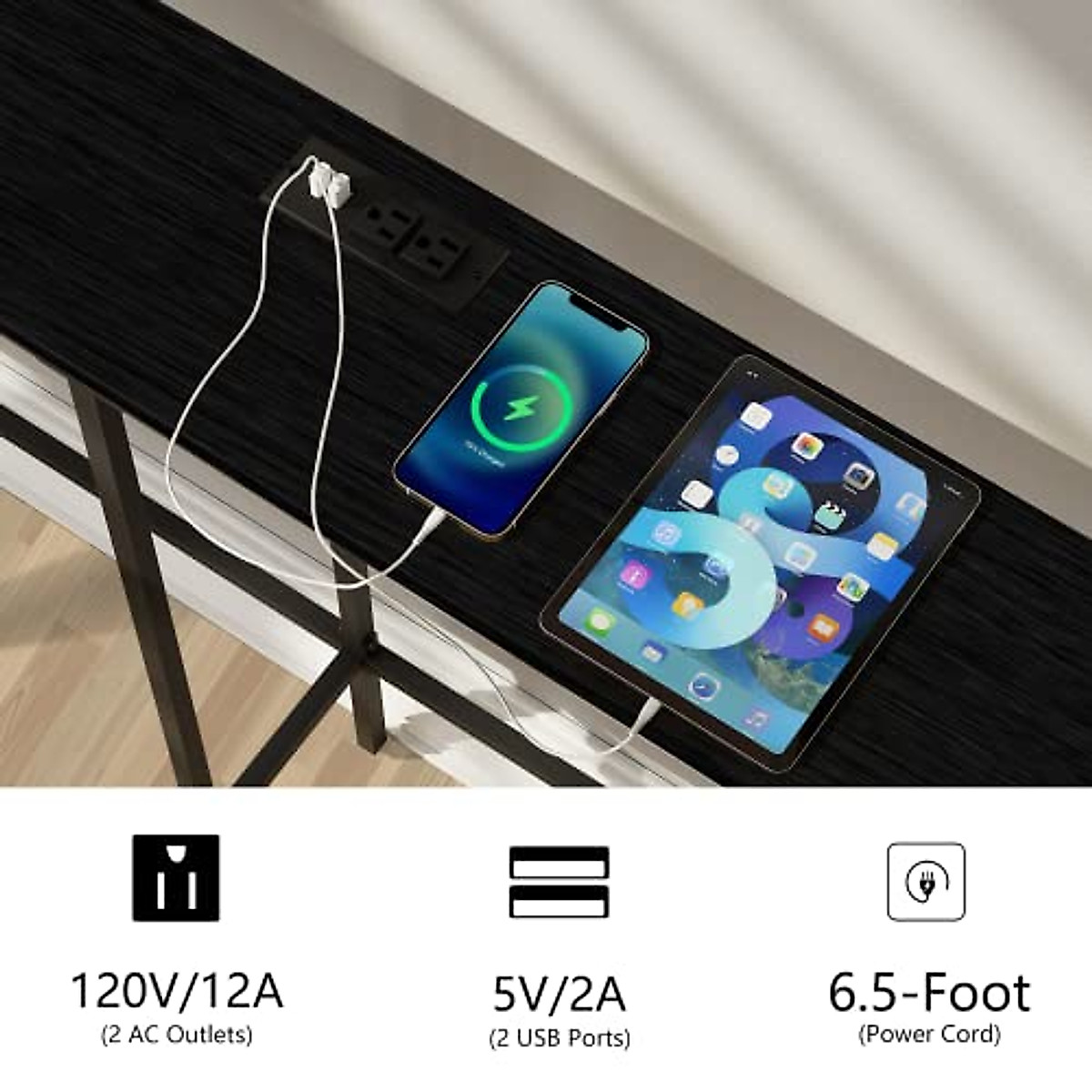 LEOMONIO 7.9" Narrow Sofa Table with Outlet, 70.9" Long Console Table Behind Couch, Skinny Table with Detachable Hooks and Charging Station for Entryway, Hallway, Living Room, Metal Frame & Black Wood