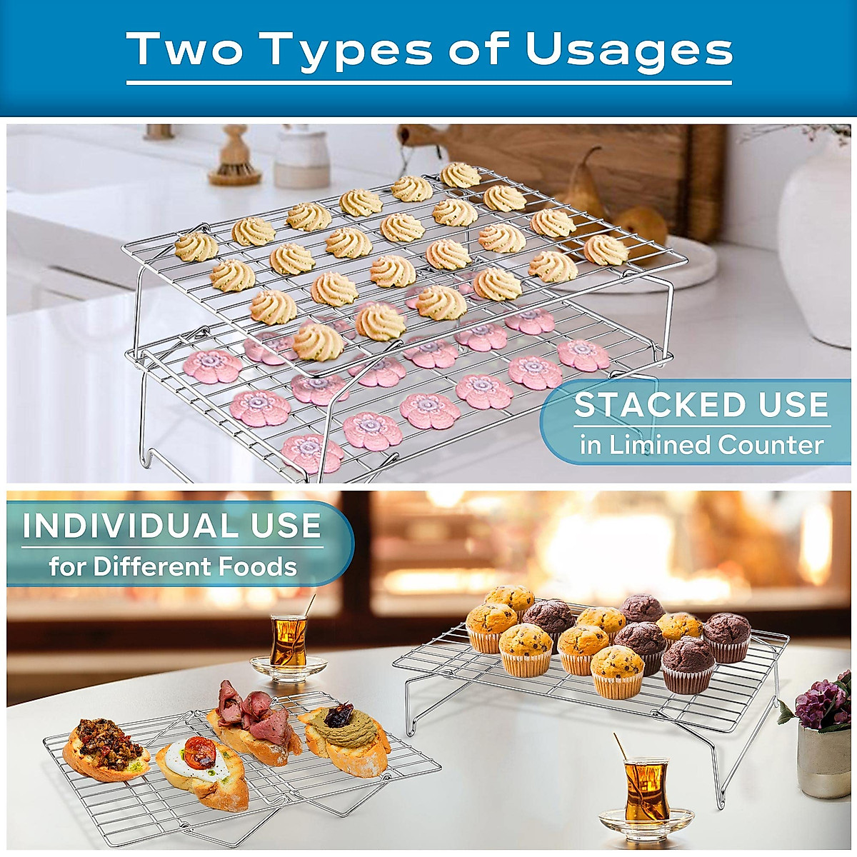 Leonyo Cooling Baking Rack 5-Tier Stackable Stainless Steel Wire Baking Cooking Racks Set for Cookie, Pizza, Cup Cake, Raised & Folding Feet, Oven Safe & Dishwasher Safe, Rust-Resistant - 15’’ x 10’’