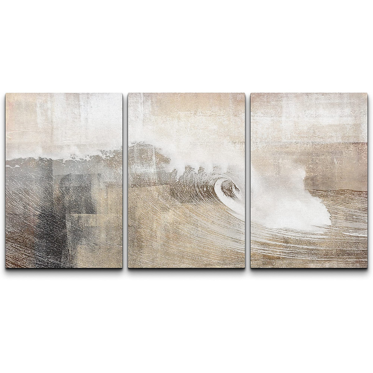 wall26 Canvas Print Wall Art Set Gray & Tan Color Block Ocean Wave Overlay Nature Wilderness Digital Art Modern Art Rustic Scenic Colorful for Living Room, Bedroom, Office - 16"x24"x3 Panels