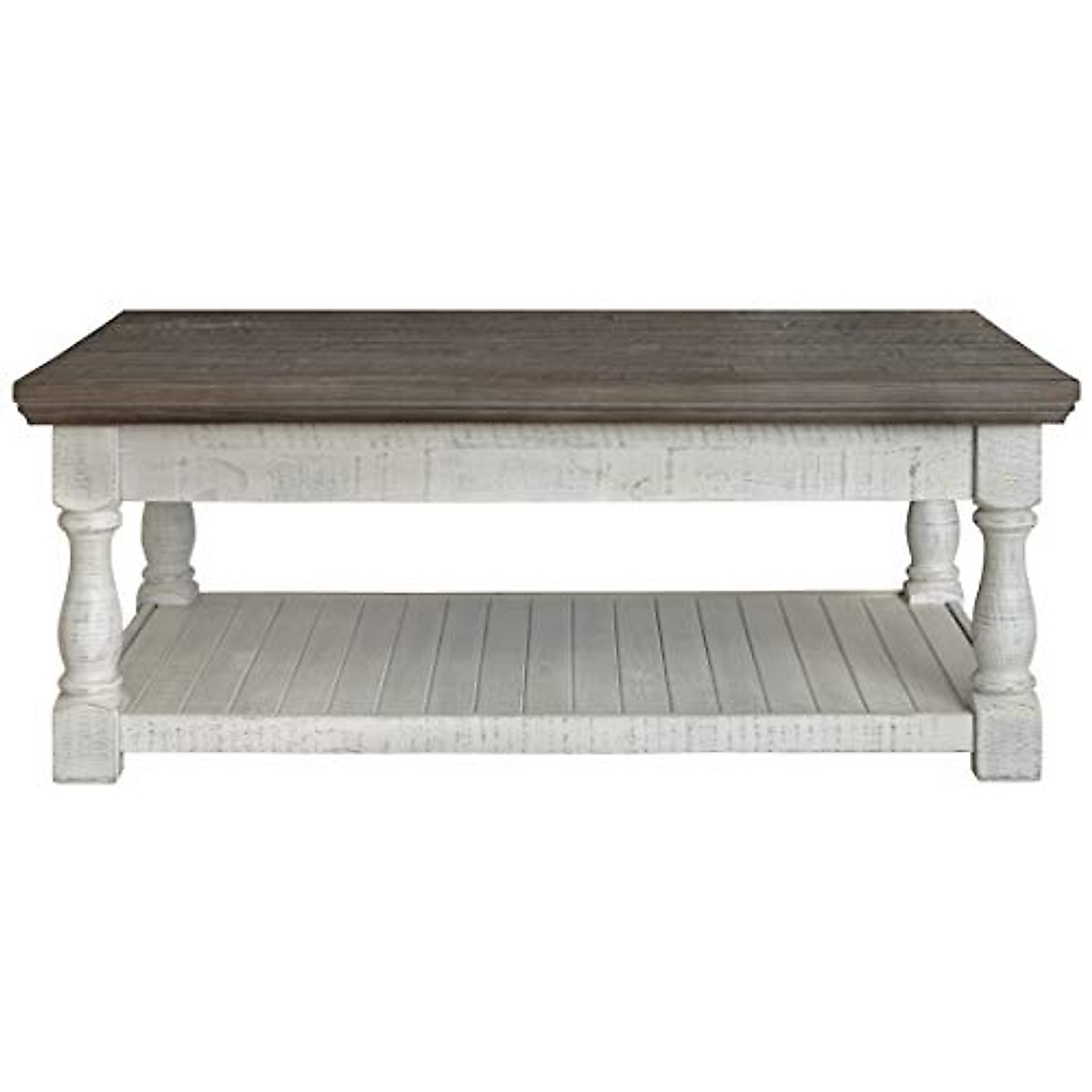 Signature Design by Ashley Havalance Farmhouse Lift Top Coffee Table with Fixed Shelf and 2 Hidden Storage Trays, Gray & White with Weathered Finish
