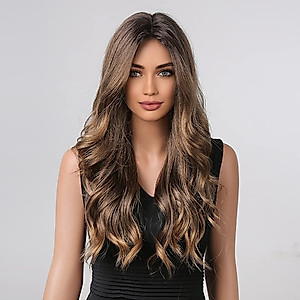BERON Brown Wig Long Wavy Wig Brown Wigs for Women Long Curly Wig Brown with Dark Roots Synthetic Hair Wave Wigs with Dark Roots Wig Cap Include