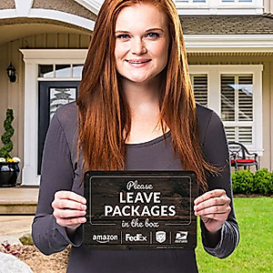 Package Delivery Sign, Please Leave Packages In The Box Wood Background, 10x7 Inches, Rust Free .040 Aluminum, Fade Resistant, Indoor/Outdoor Use, Made in USA by Sigo Signs