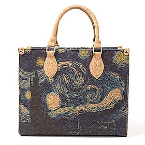 Vegan Cork Tote Bag Shoulder bag handbag with Starry night pattern natural, plant based product Eco Friendly gift