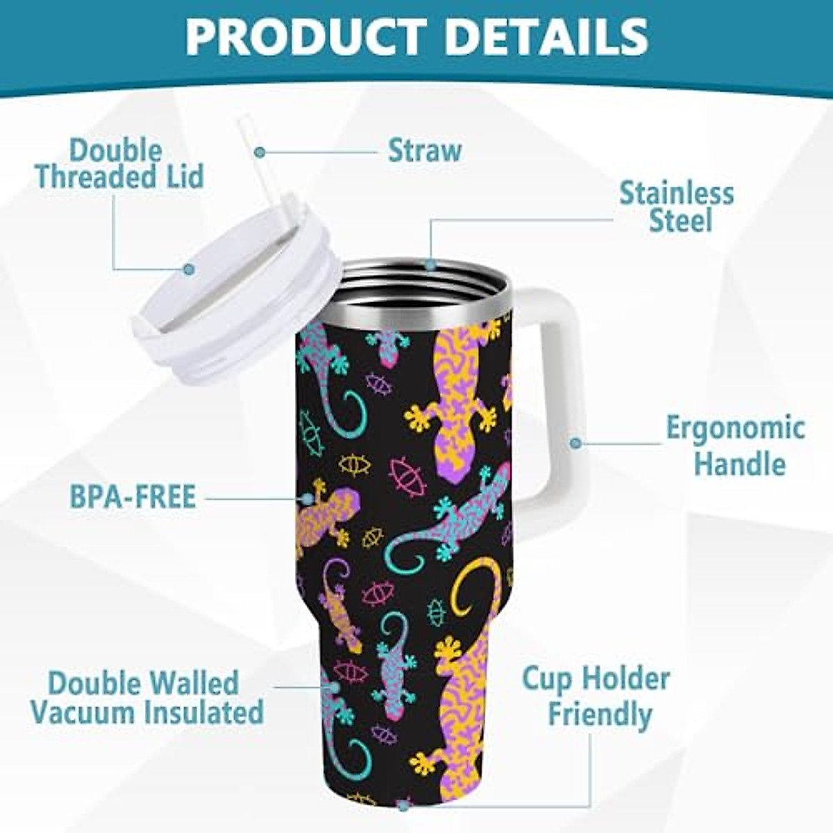 Hippie Gecko Leopard Blue Tumbler with Handle and Straw Lid, 40 oz Insulated Coffee Cup Stainless Steel Water Bottle Travel Mug Cupholder Friendly,Gifts for Women Men