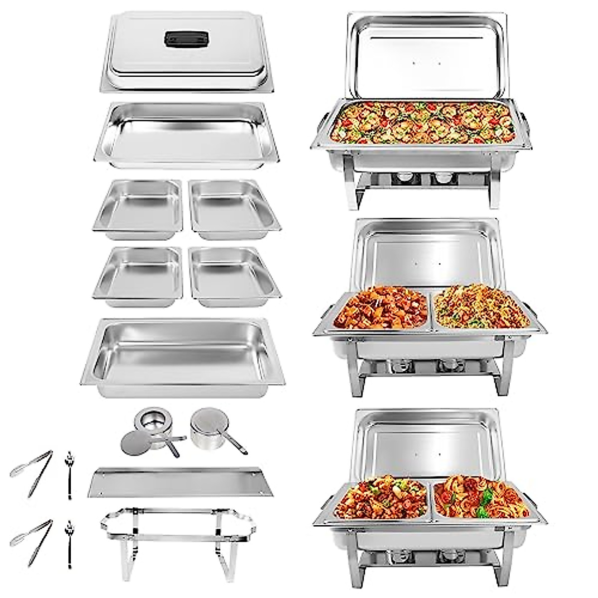 Perossia 5 Pans Chafing Dish Buffet Set Stainless Steel 8QT with Full Size and 4 1/2 Size Pans Portable Serve Food Warmer for Catering Parties Wedding Graduation Commercial Events, 3 Packs Silver