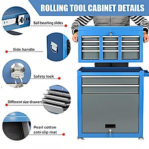 AIRAJ PRO 8-Drawer Rolling Tool Chest with Wheels,Removable Tool Box Organizer,Detachable Top Box & Locking System,High Capacity Tool Storage Cabinet for Workshop Mechanics Garage (Blue)