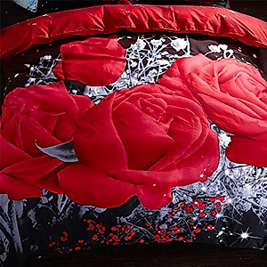 Labstandard Red Duvet Cover Set Queen, 3D Printed Rose Bedding Soft Comforter and Breathable Quilt Cover(1 Duvet Cover, 2 Pillowcases, Zipper Closure)