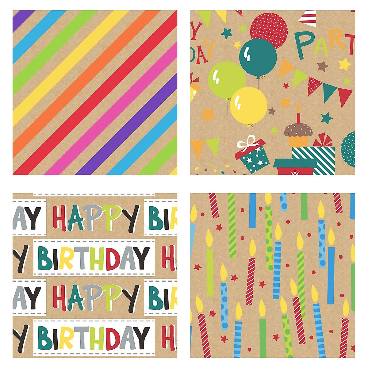 RUSPEPA Wrapping Paper Kraft Paper - Colorful Birthday Wrap Design - 4 Rolls - 30 inches x 10 feet per Roll