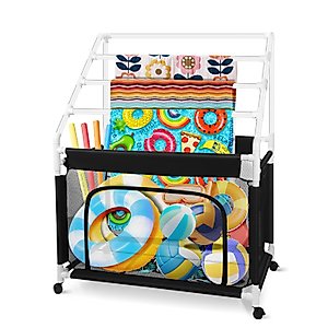 Heavy Duty Outdoor Towel Rack,Hutigertech 4 Tier Freestanding Poolside Pipe Towel Rack with Towel Rack Net,Moveable Wheels and Installation Hammer for Beaches,Swimming Pools,Bathroom