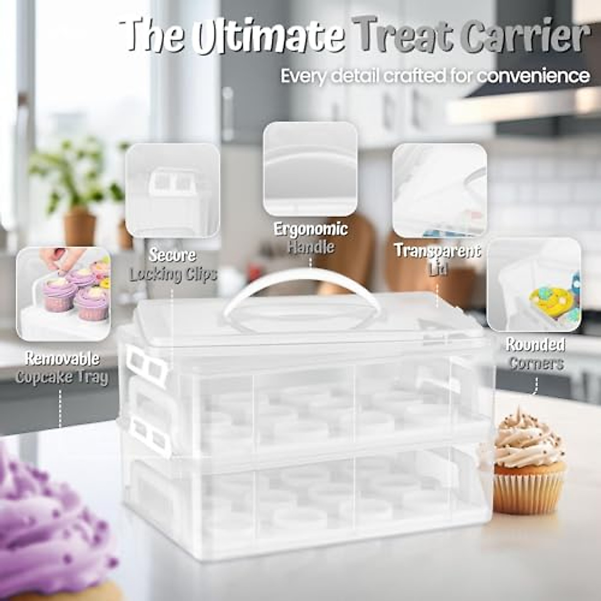 Flexzion Cupcake Carrier, Cupcake Holder for 24 Cupcakes, Portable and Reusable Rectangular Cake Carrier with Lid and Handle, 2 Tier Stackable Layer Insert (Clear)